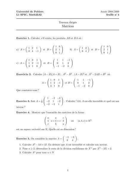 Exercices sur les matrices - UniversitÃ© de Poitiers