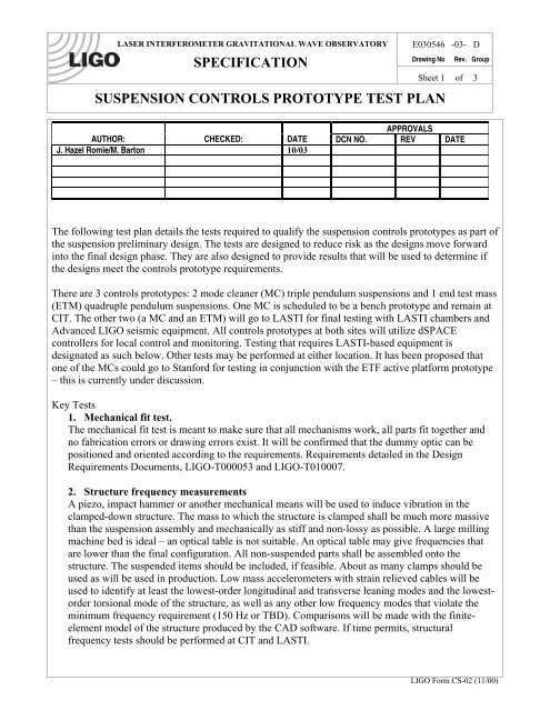 E030546, Suspension Controls Prototype Test Plan - LIGO