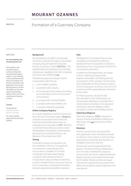 Formation of a Guernsey Company - Mourant Ozannes