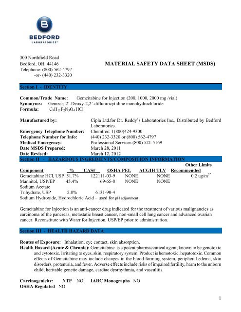 MATERIAL SAFETY DATA SHEET (MSDS) - Bedford Laboratories