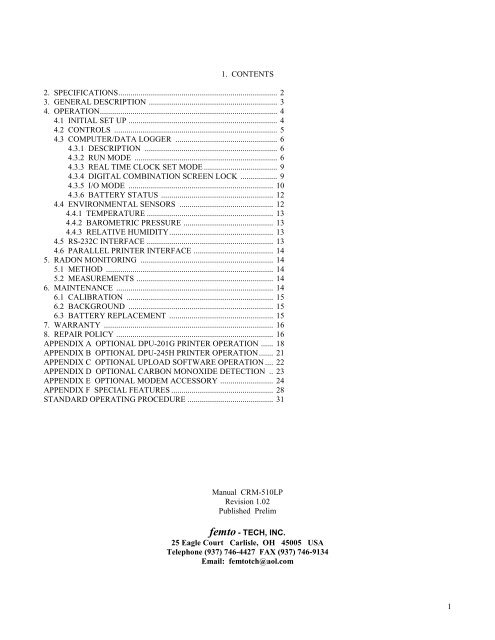 1 1. CONTENTS 2. SPECIFICATIONS ... - Femto-Tech