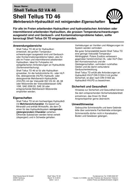 Shell Tellus TD 46 - Schmierstoff-Datenbank
