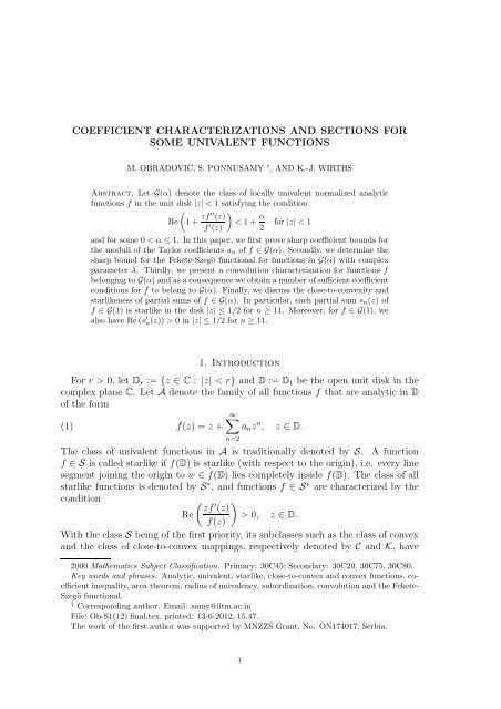 Coefficient Characterizations And Sections For Some Univalent Functions