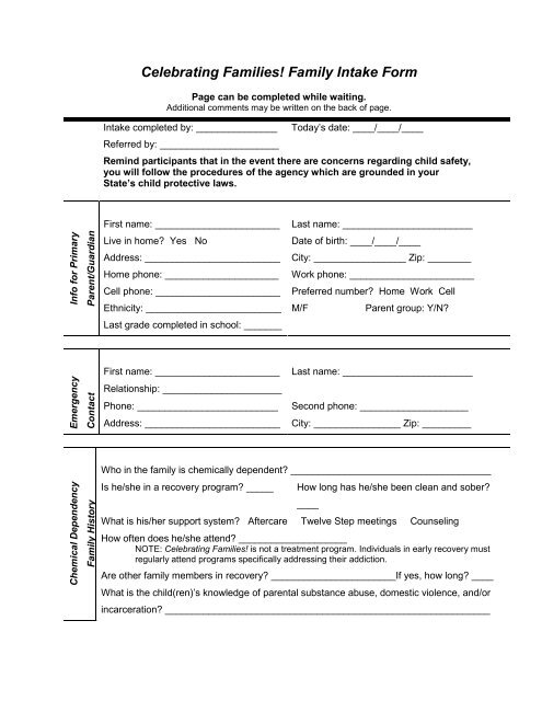 Celebrating Families! Family Intake Form