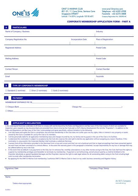 corporate membership application form – part a - ONE°15 Marina Club