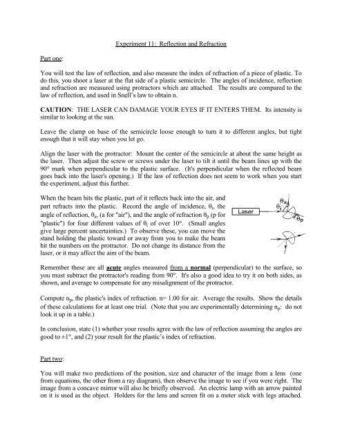 Experiment 11: Reflection and Refraction Part one: You will ... - Faculty