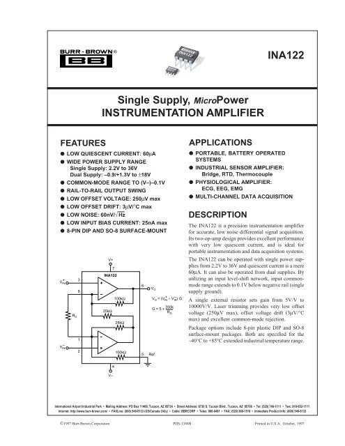 INA122 Single Supply, MicroPower INSTRUMENTATION AMPLIFIER