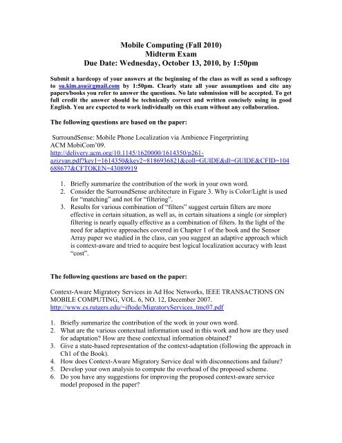 Mobile Computing (Fall 2010) Midterm Exam Due Date ... - IMPACT