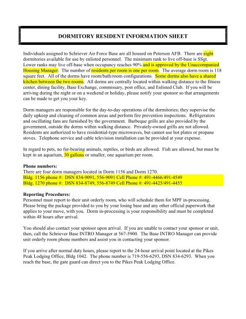 dormitory resident information sheet - Schriever Air Force Base