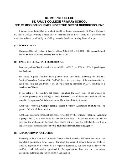 FEE REMISSION SCHEME FOR - St. Paul's College Primary School