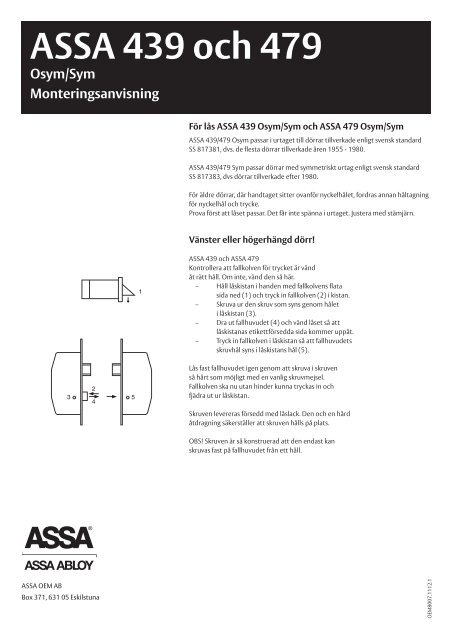 ASSA 439 och 479 Osym/Sym Monteringsanvisning - ASSA OEM