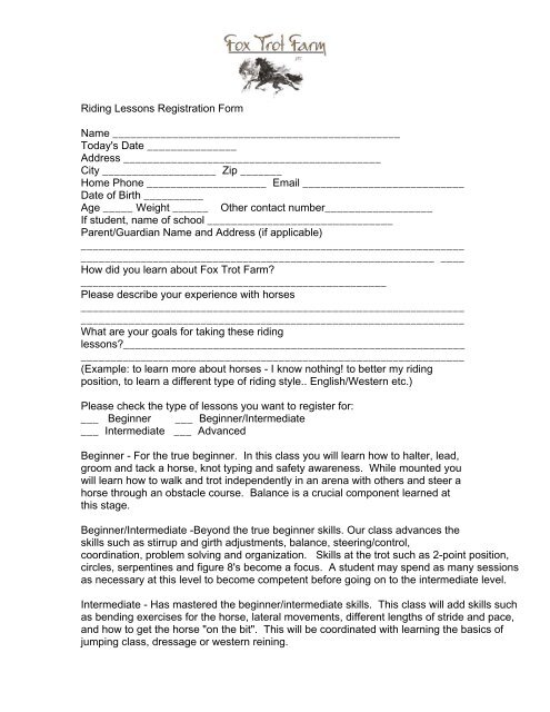 Riding Lessons Registration Form - Fox Trot Farm