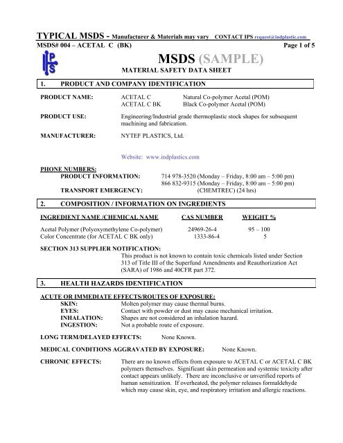 MSDS Sheet - Industrial Plastic Supply, Inc.