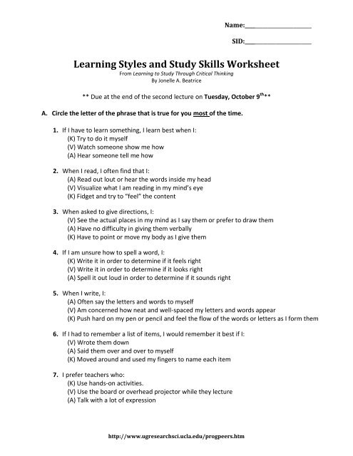 Learning Styles and Study Skills Worksheet - UCLA