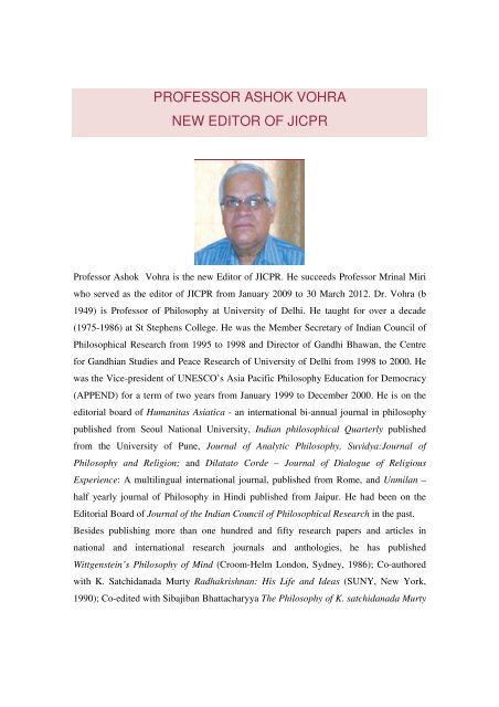 professor ashok vohra - Indian Council of Philosophical Research