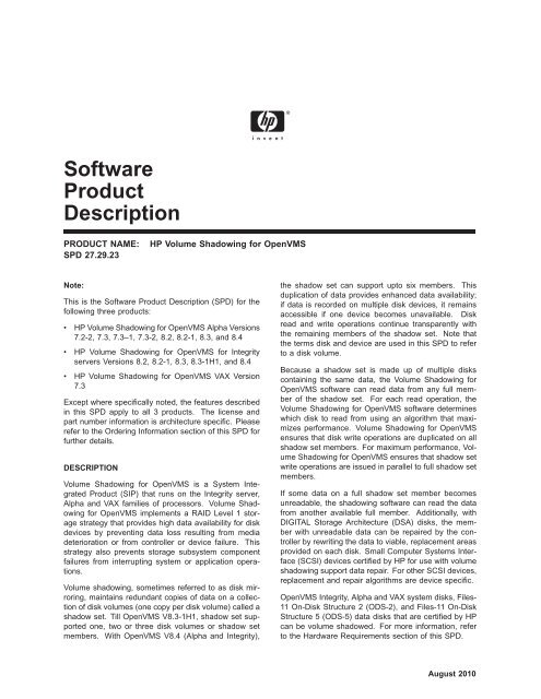 Software Product Description - OpenVMS Systems - HP