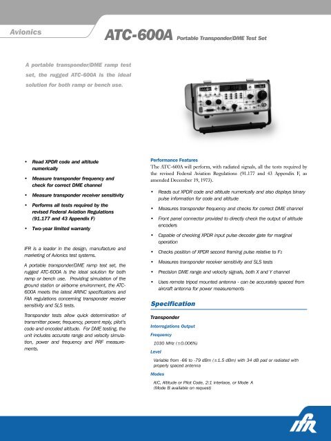 ATC 600A specification sheet - AvionTEq