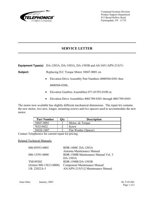 Service Letter 1(SL-T-03-001) - Telephonics Corporation