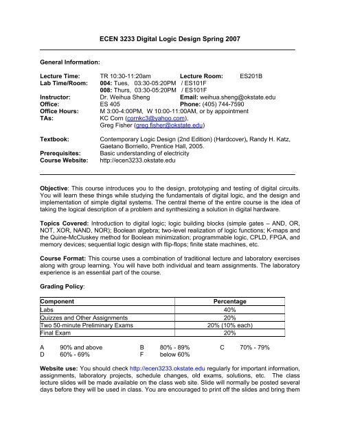 Course Syllabus Digital Logic Design Oklahoma State University