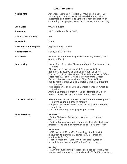 AMD Fact Sheet About AMD: Advanced Micro Devices (NYSE: AMD ...
