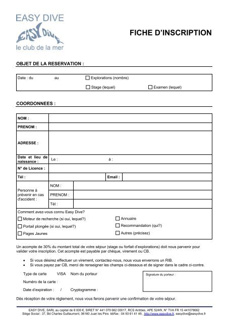 Formulaire d'inscription individuel - Easy Dive
