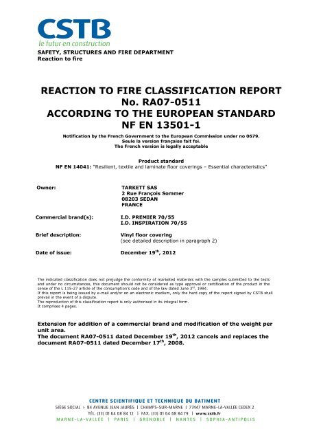 REACTION TO FIRE CLASSIFICATION REPORT No. RA07 ... - Tarkett
