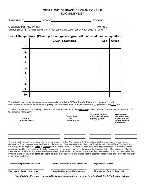OFSAA Eligibility Form - Ontario Federation of School Athletic ...