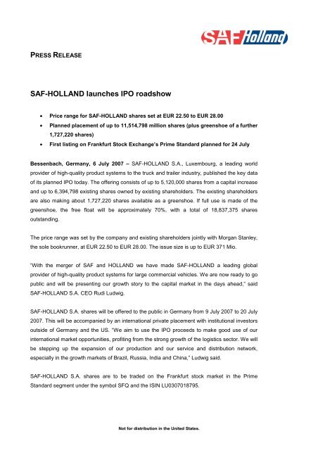 SAF-HOLLAND launches IPO roadshow