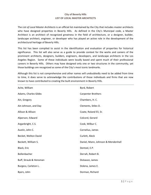List of Master Architects - the City of Beverly Hills