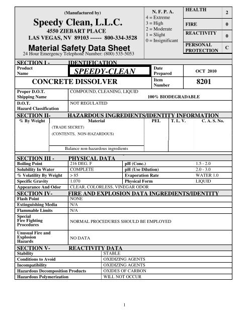 Material Safety Data Sheet - SPEEDY-CLEAN