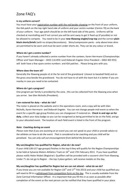 Zone FAQ's - Illawong Athletics