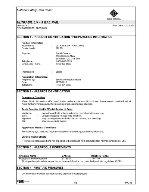 UltraSil Li+ MSDS - Euclid Chemical Co
