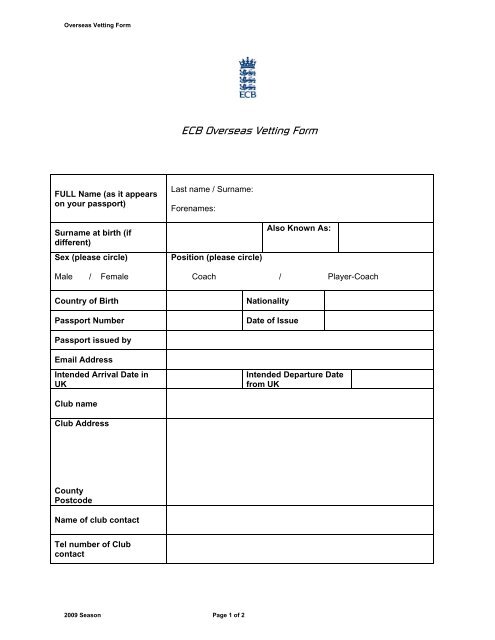 ECB Overseas Vetting Form - Ecb - England and Wales Cricket Board