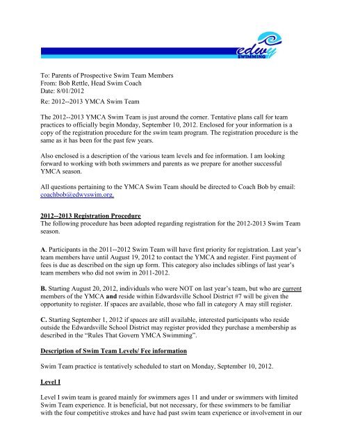 Swim Team Letter - Edwardsville YMCA Breakers