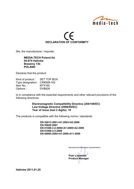 DECLARATION OF CONFORMITY We, the ... - Media-Tech