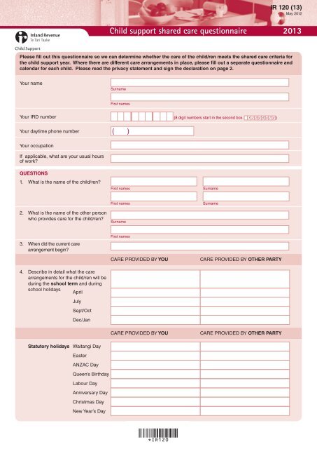 Child support shared care questionnaire 2013 - Inland Revenue ...