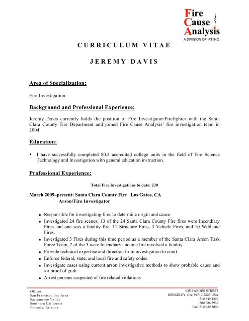 CURRICULUM VITAE JEREMY DAVIS - Fire Cause Analysis