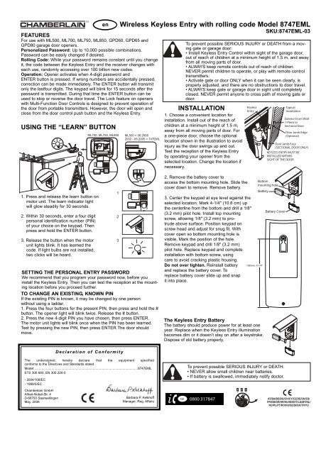 Wireless Keyless Entry with rolling code Model ... - Chamberlain