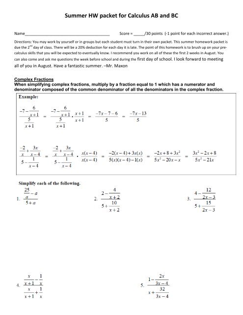Summer HW packet for Calculus AB and BC