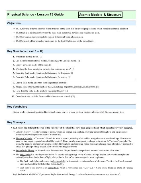 Physical Science - Lesson 13 Guide Atomic Models & Structure
