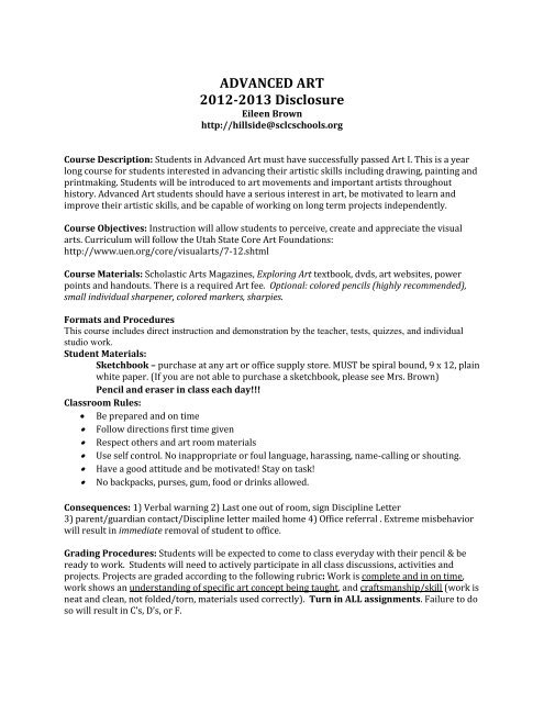 ADVANCED ART 2012-2013 Disclosure - Hillside Middle School