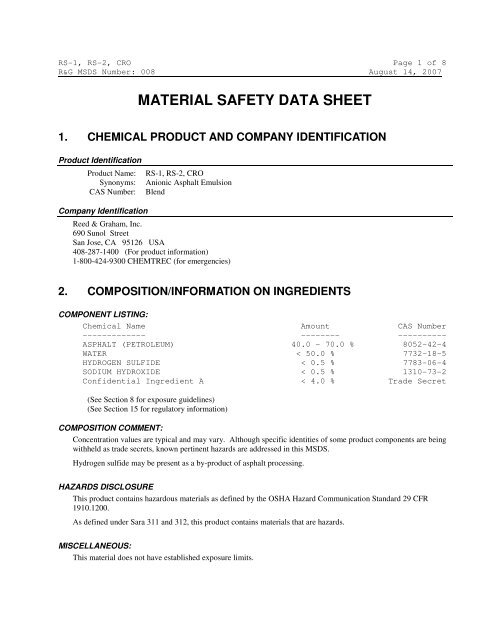 MATERIAL SAFETY DATA SHEET - Reed & Graham, Inc.