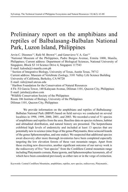 Preliminary Report On The Amphibians And Reptiles Of