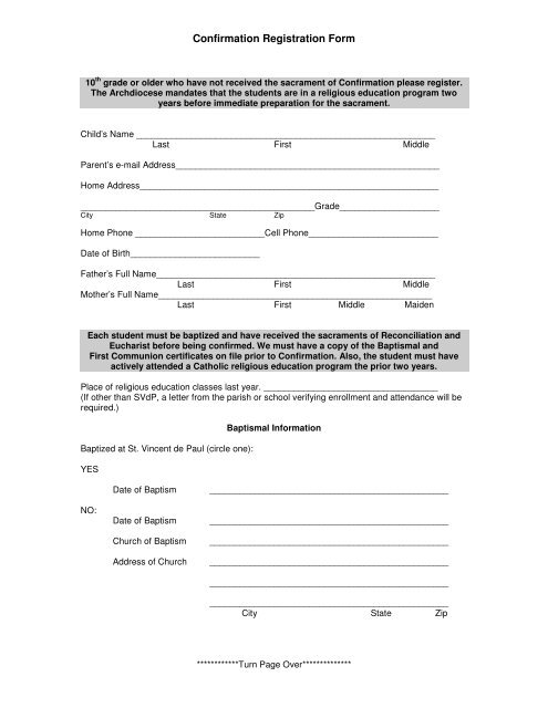 Confirmation Registration Form - St. Vincent de Paul Catholic Church