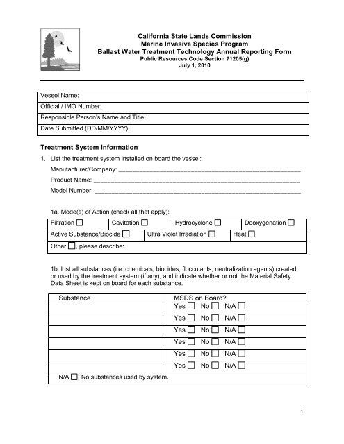 Ballast Water Treatment Technology Annual Reporting Form