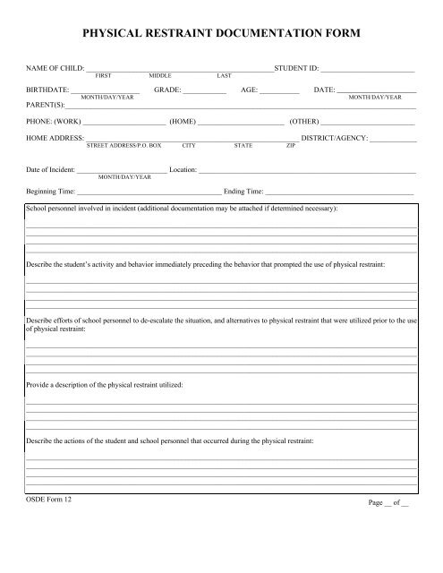 PHYSICAL RESTRAINT DOCUMENTATION FORM