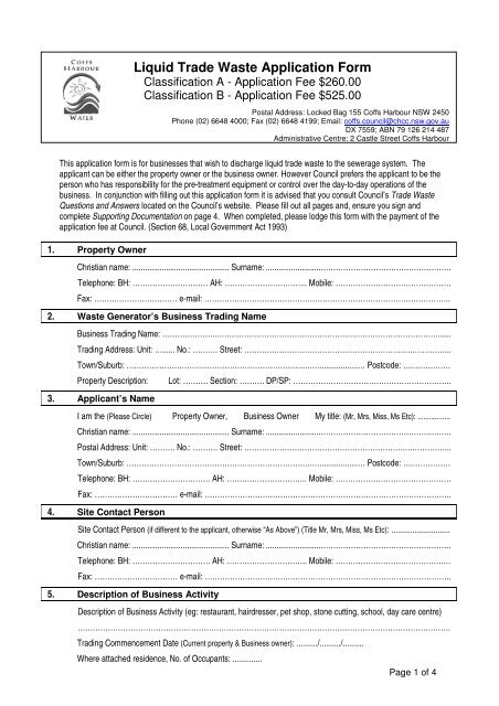 Liquid Trade Waste Application Form - Coffs Harbour City Council