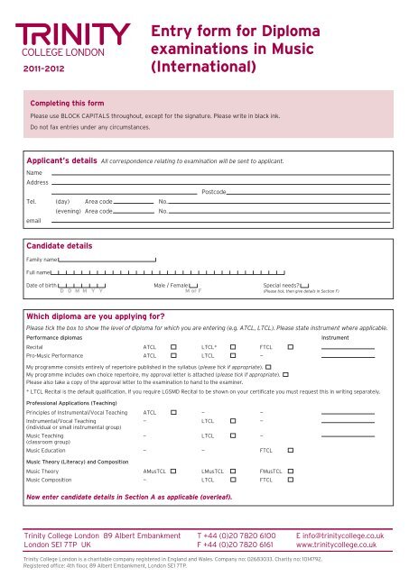 NZ Music Diploma Entry Form - Trinity College London