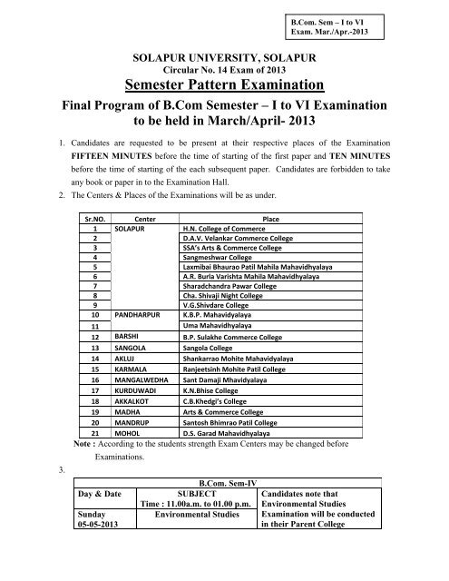 Semester Pattern Examination - Solapur University