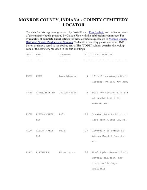 county cemetery locator - Monroe County History Center